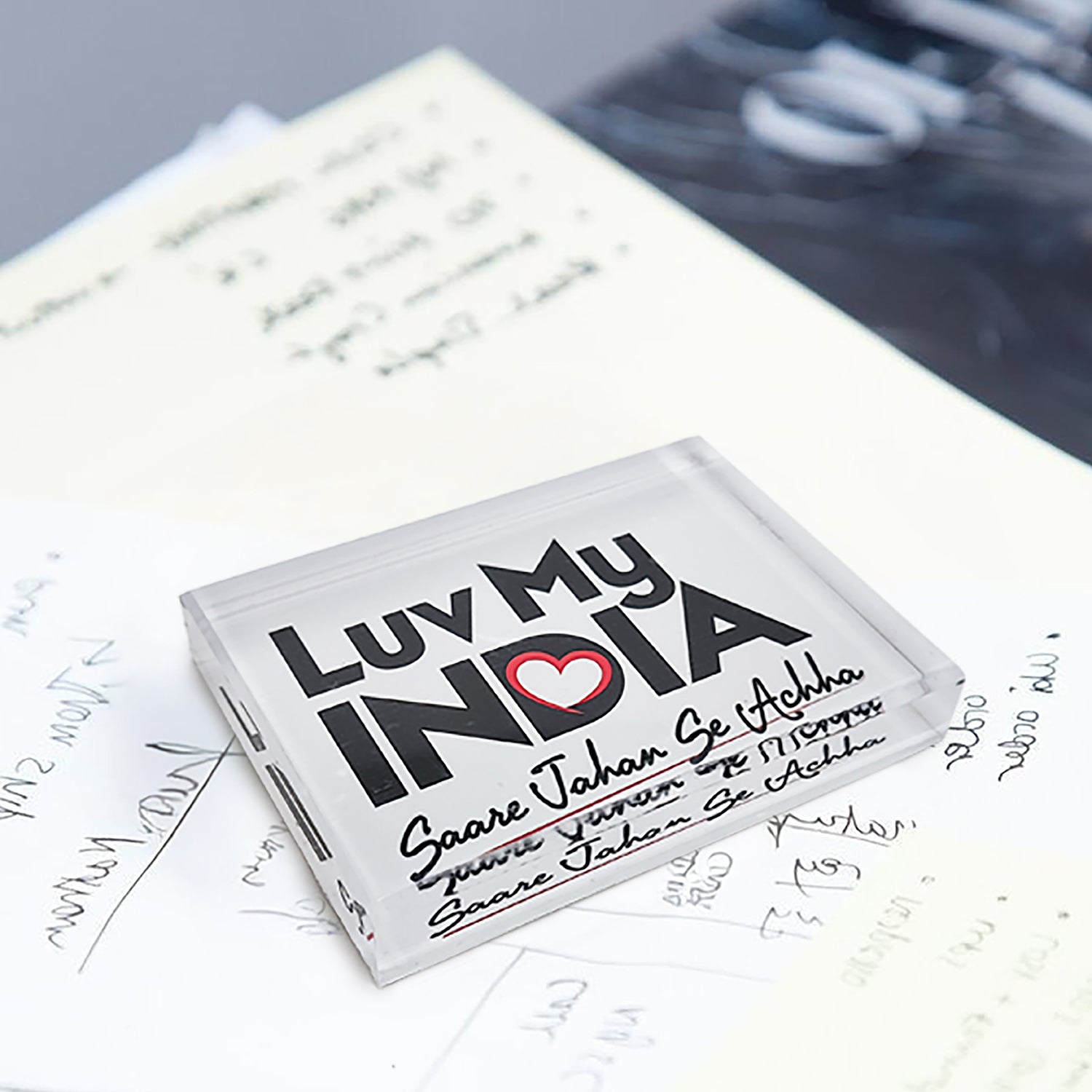 Luv My India Paperweight | Acrylic 3.5x2.5 Inch Patriotic Paperweight